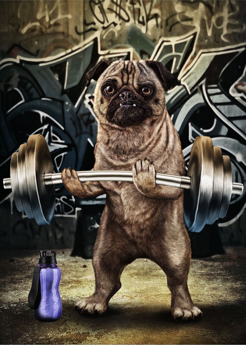 'Pug Weightlifting' Poster, picture, metal print, paint by Jeff | Displate