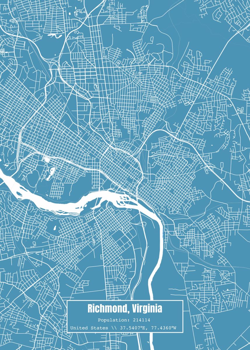 'Richmond Virginia Map Blue' Poster, picture, metal print, paint by ...