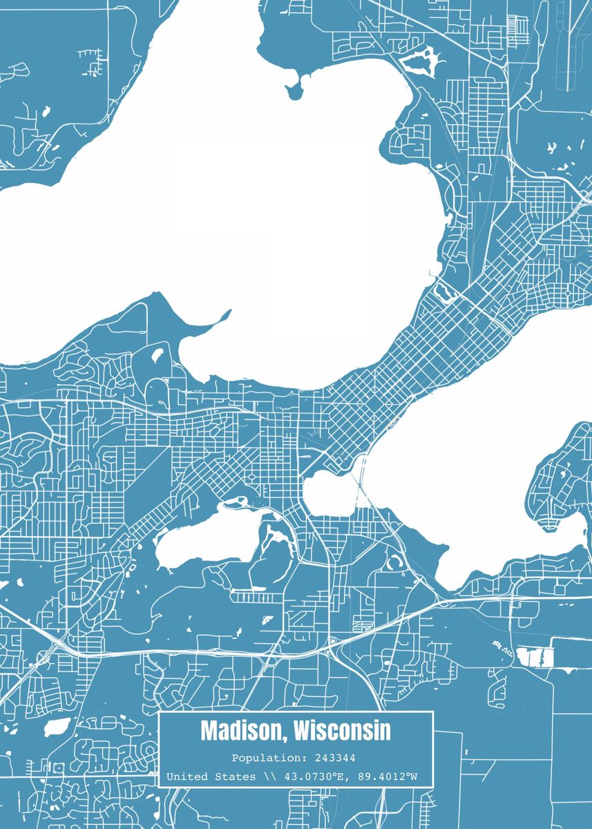 'Madison Wisconsin Map Blue' Poster, picture, metal print, paint by ...