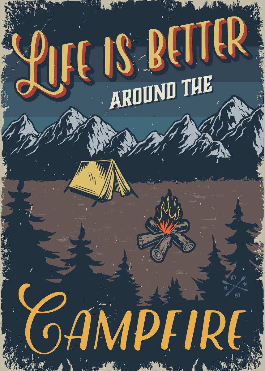 'Campfire Vintage Poster' Poster, picture, metal print, paint by ...