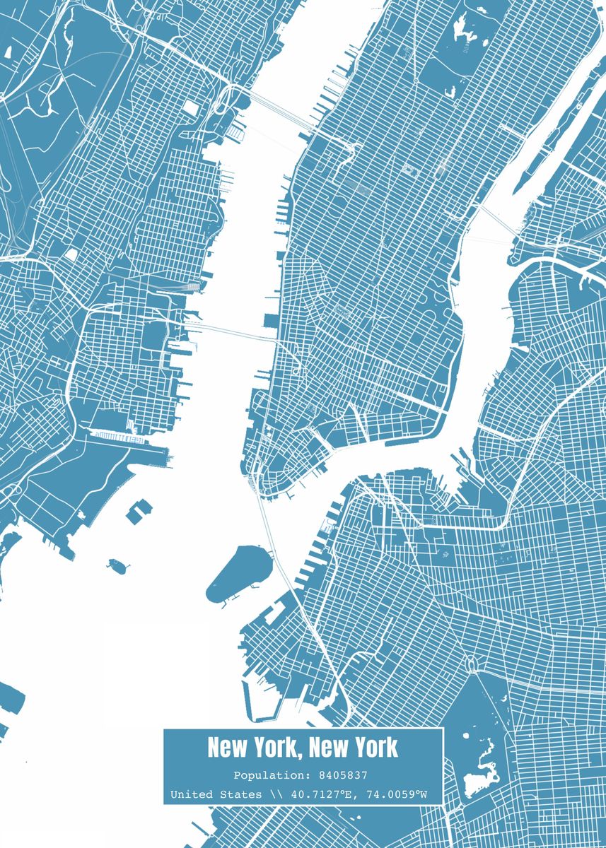 'New York NY Topo Map Blue' Poster, picture, metal print, paint by ...