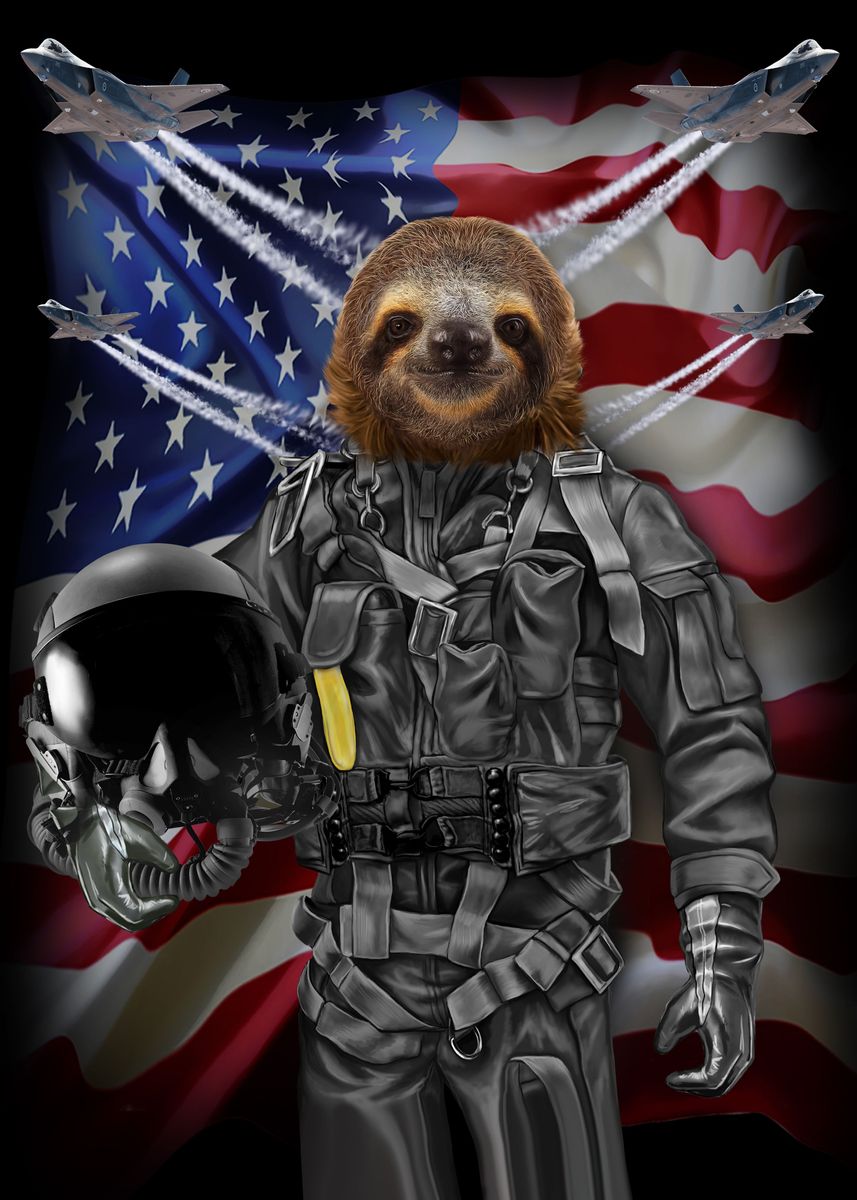 'Giant Sloth in Air Force' Poster, picture, metal print, paint by Jeff ...