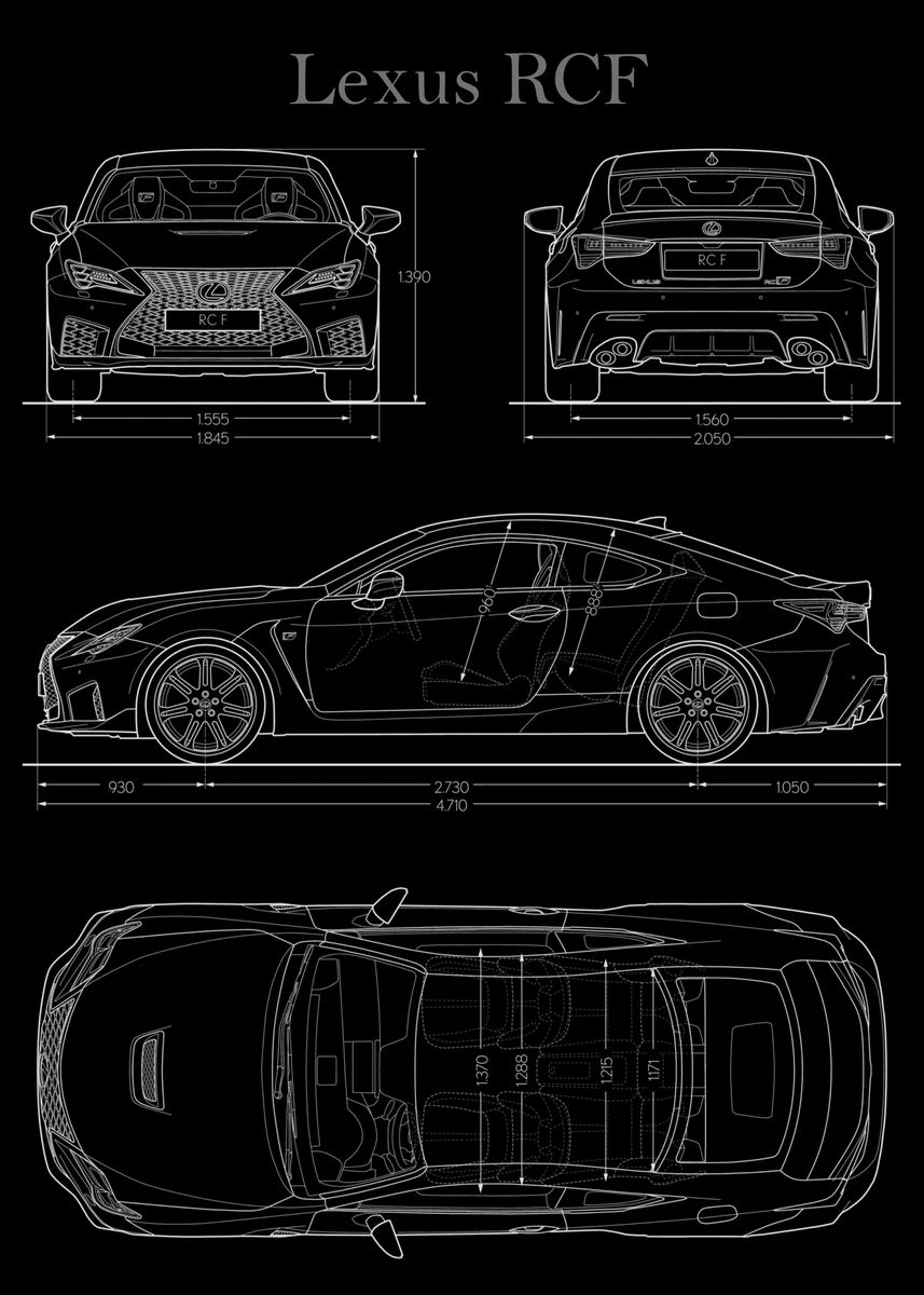 'Lexus RCF 2019 Blueprint' Poster, picture, metal print, paint by B & W ...