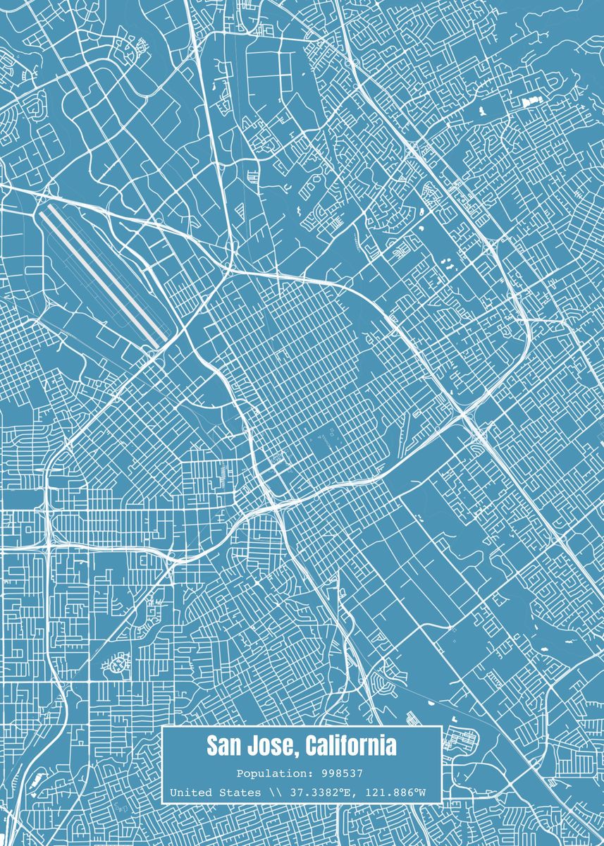 'San Jose CA Topo Map Blue' Poster by Outward Cartography | Displate