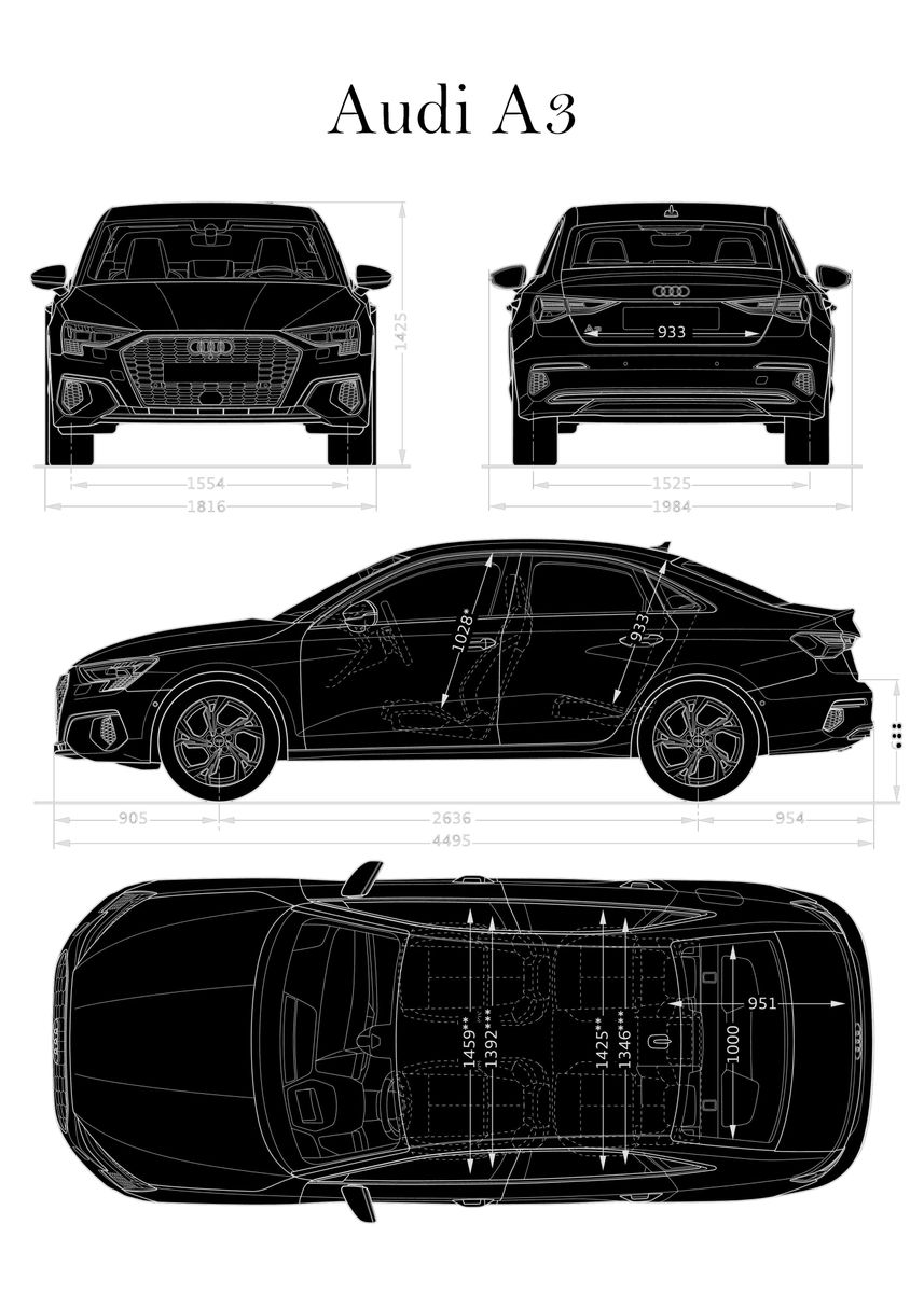 'Audi A3 2020 Blueprint' Poster, picture, metal print, paint by B & W ...