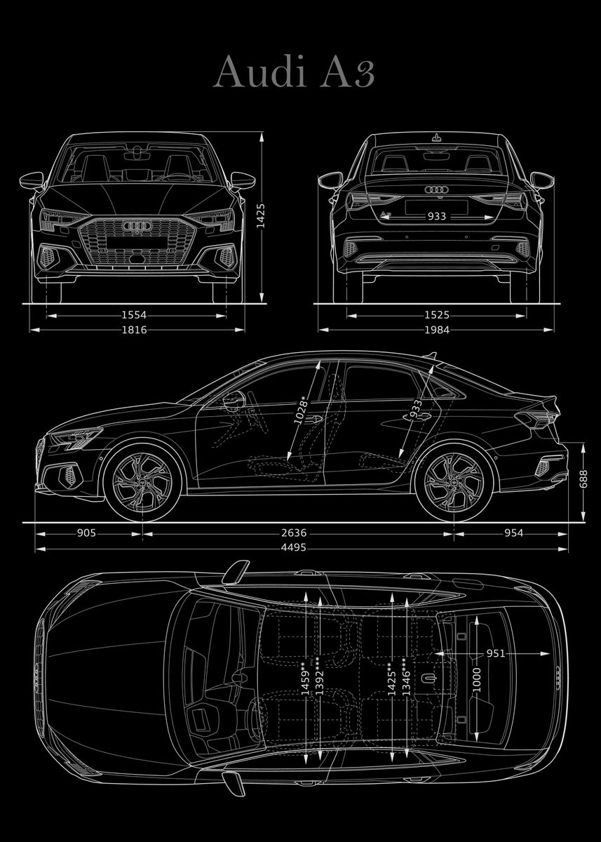 'Audi A3 2020 Blueprint' Poster by B & W Arts | Displate