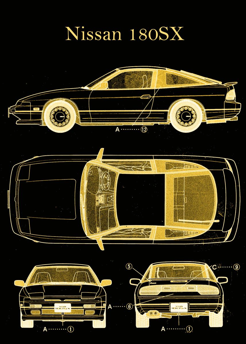 'Nissan 180SX Blueprint' Poster, picture, metal print, paint by B & W ...