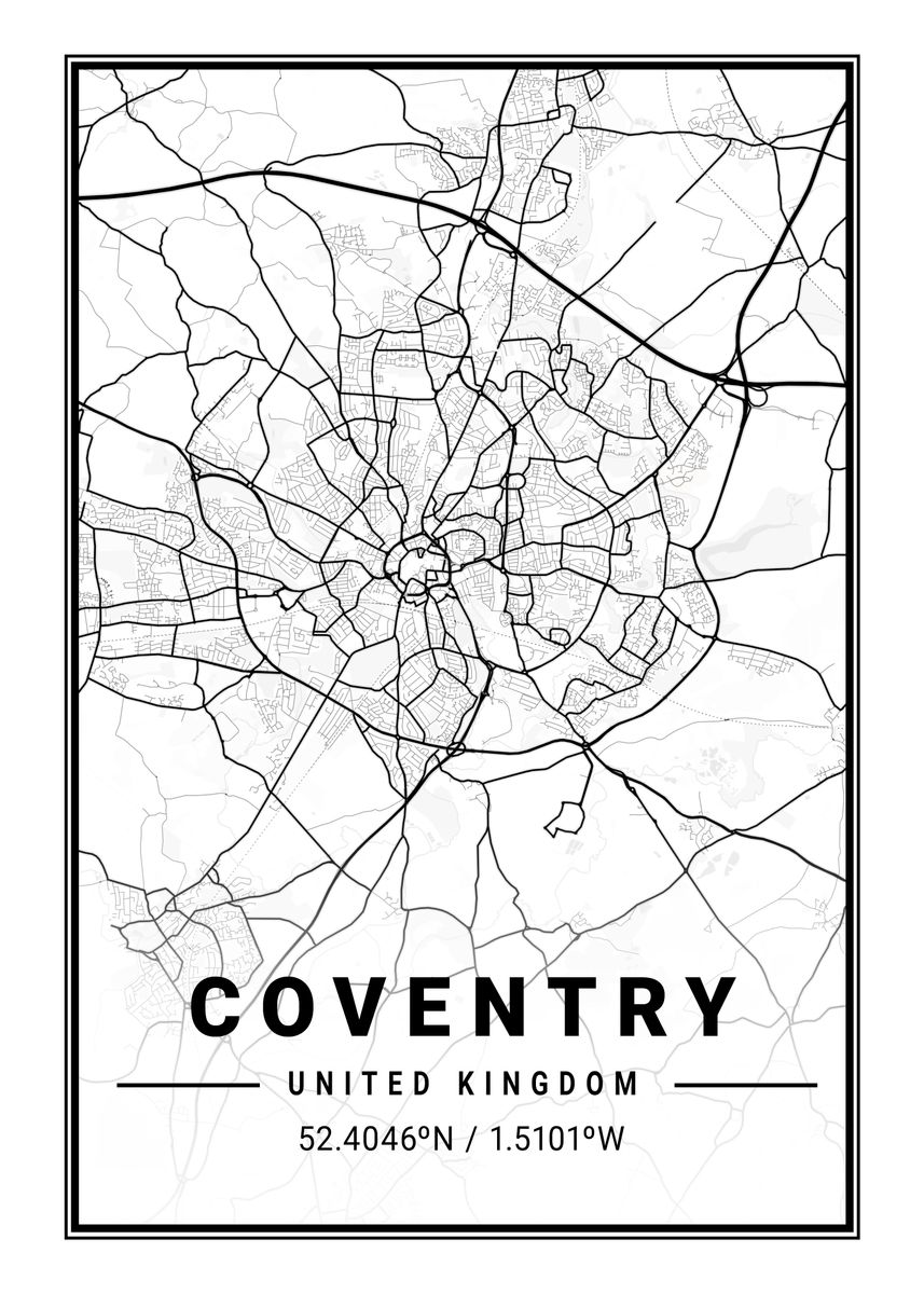'Coventry Light City Map' Poster, picture, metal print, paint by Tien ...