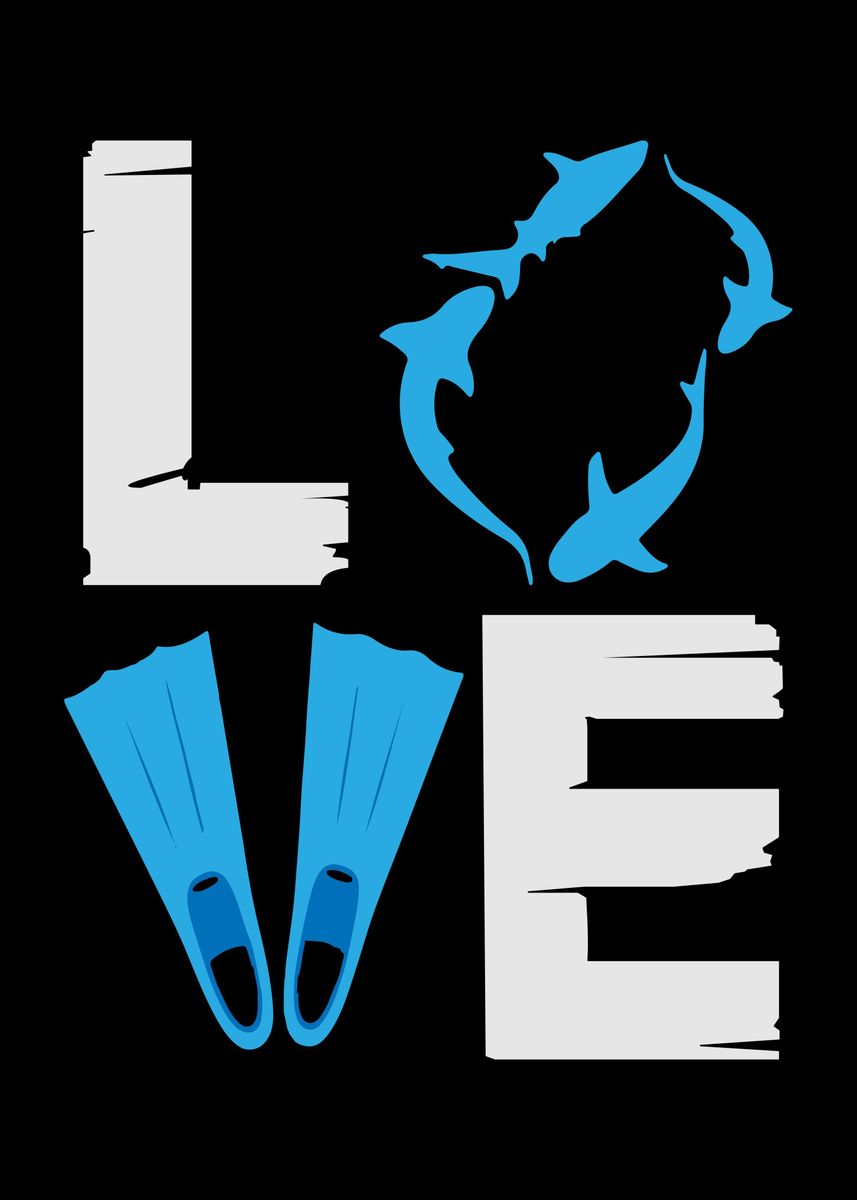 'Diving Love Fins Shark' Poster, picture, metal print, paint by ...