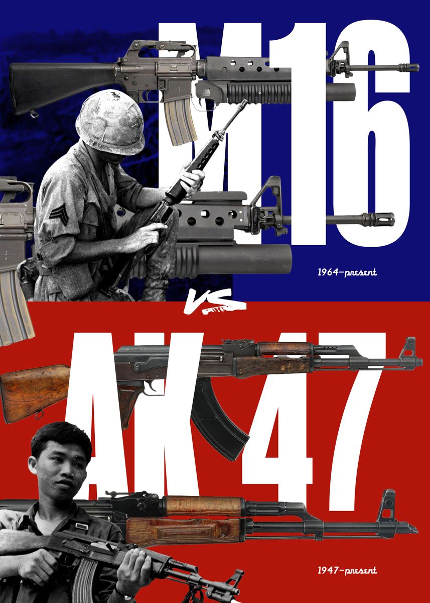 'M16 VS AK47 Poster' Poster, picture, metal print, paint by Luke Stoch | Displate