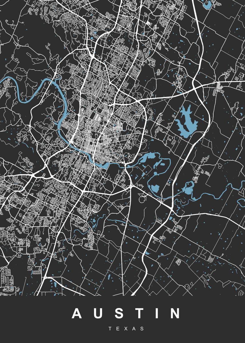 'Austin Map Texas US' Poster, picture, metal print, paint by UrbanMaps ...