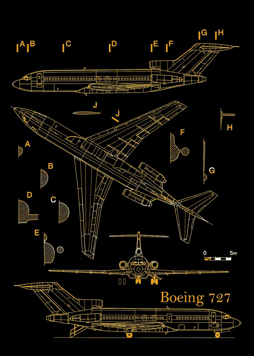 'Boeing 727 Blueprint gold ' Poster, picture, metal print, paint by B ...