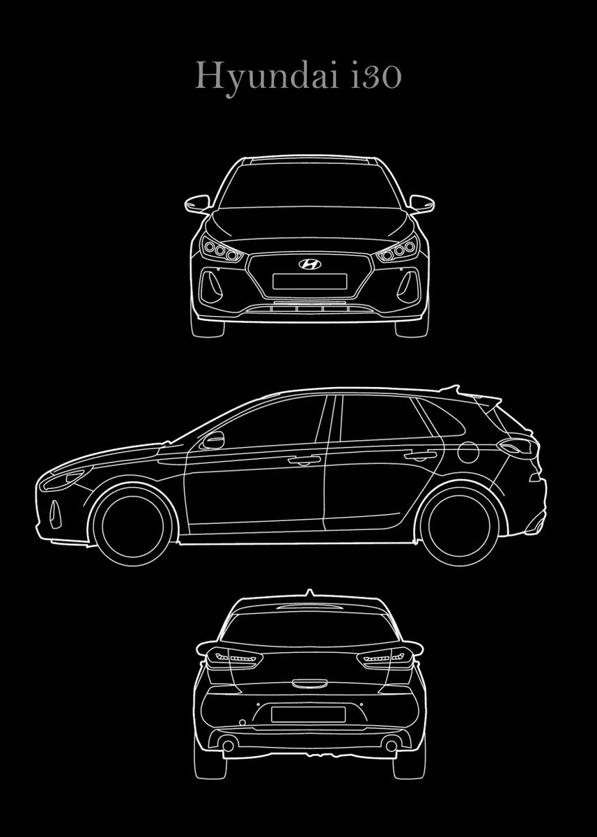 'Hyundai i30 2017 Blueprint' Poster by B & W Arts | Displate