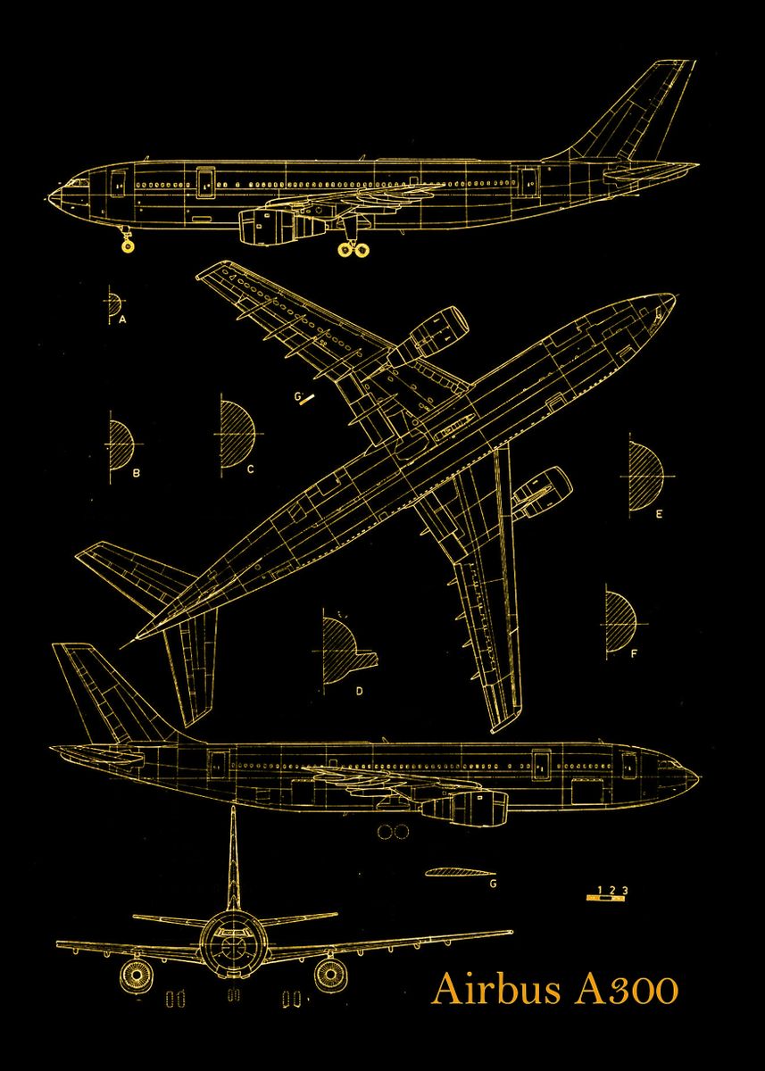 'Airbus A300 Blueprint gold' Poster, picture, metal print, paint by B ...