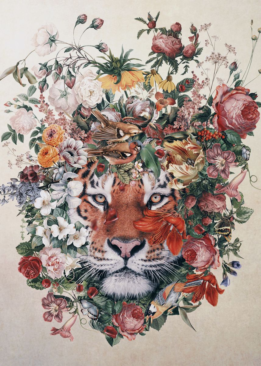 'Flower Tiger' Poster, picture, metal print, paint by RIZA PEKER | Displate