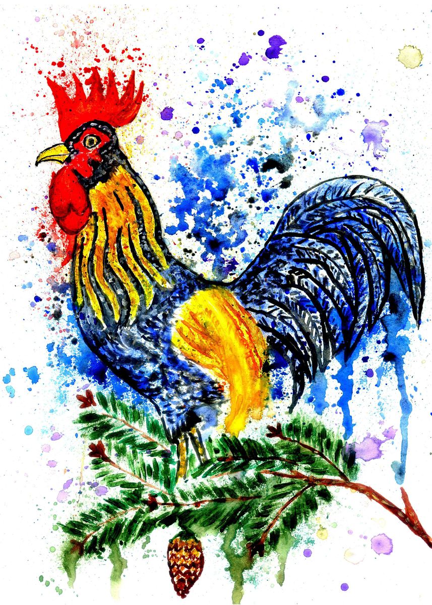 'Blue and yellow rooster' Poster, picture, metal print, paint by ...