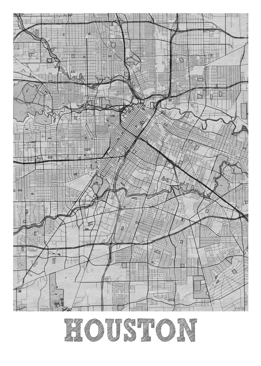 'Houston Pencil Street Map' Poster, picture, metal print, paint by Tien ...
