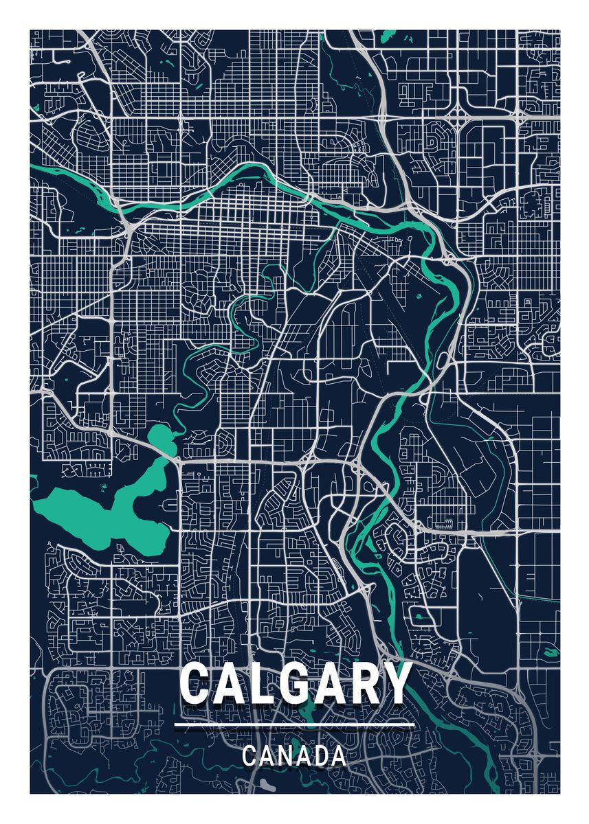 'Calgary Blue Dark City Map' Poster, picture, metal print, paint by ...