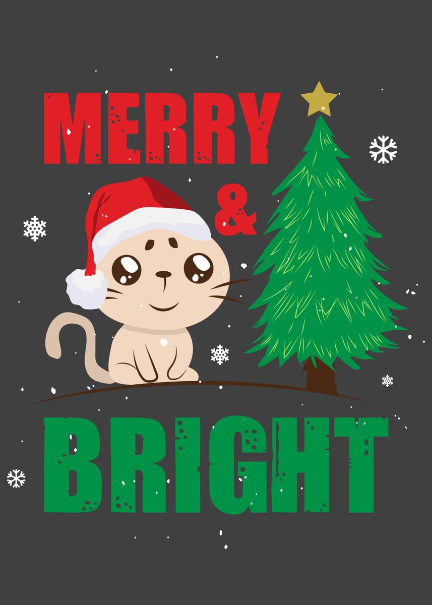 'Merry Cat with Santa hat' Poster, picture, metal print, paint by BeMi ...