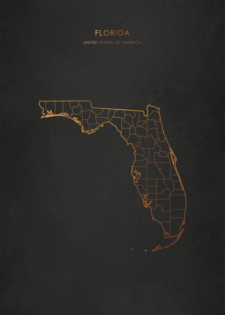 'Gold Florida Map' Poster, picture, metal print, paint by aio | Displate
