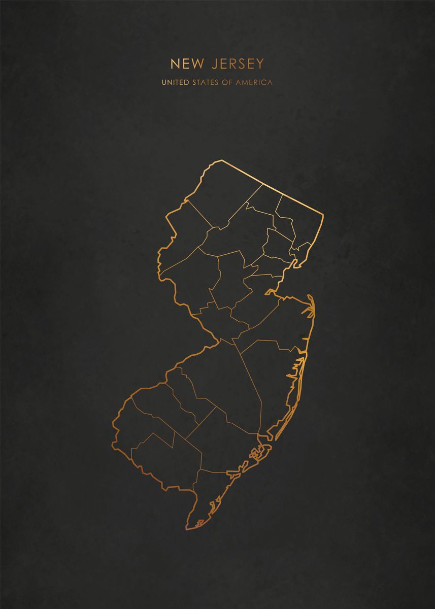 'Gold New Jersey Map' Poster, picture, metal print, paint by aio | Displate