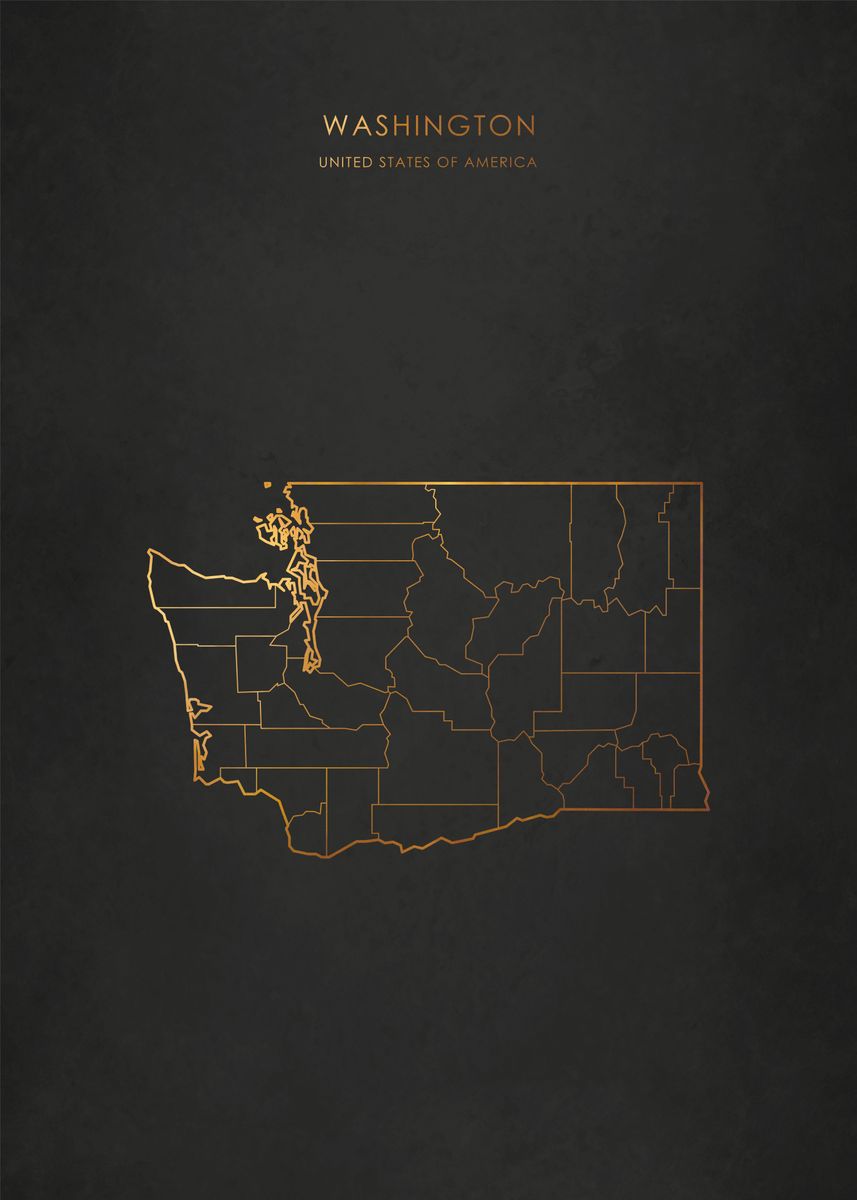 'Gold Washington State Map' Poster, picture, metal print, paint by aio ...