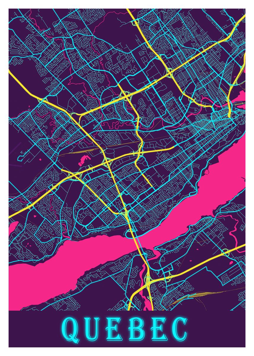 ' Quebec Neon City Map' Poster, picture, metal print, paint by Tien ...