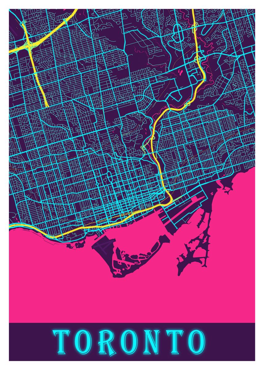 ' Toronto Neon City Map' Poster, picture, metal print, paint by Tien ...