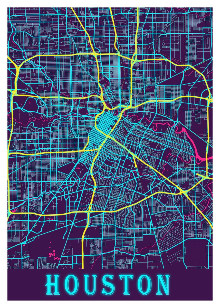 ' Houston Neon City Map' Poster by Tien Stencil | Displate