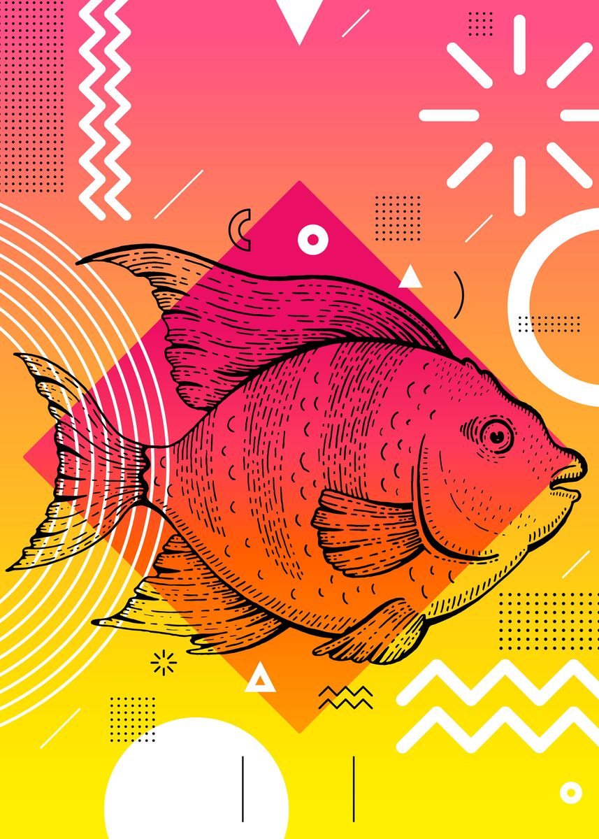 'Memphis Fish' Poster, picture, metal print, paint by Turie Art | Displate