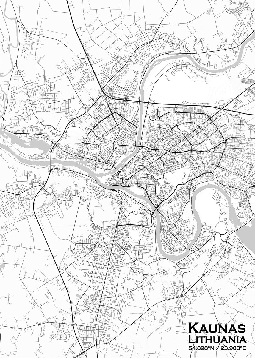 'Kaunas White Map' Poster, picture, metal print, paint by Wall Art ...