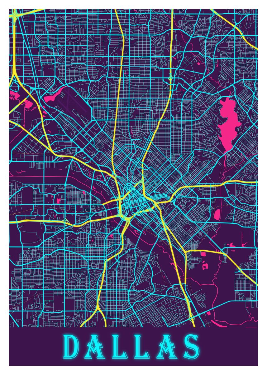 ' Dallas Neon City Map' Poster, picture, metal print, paint by Tien ...