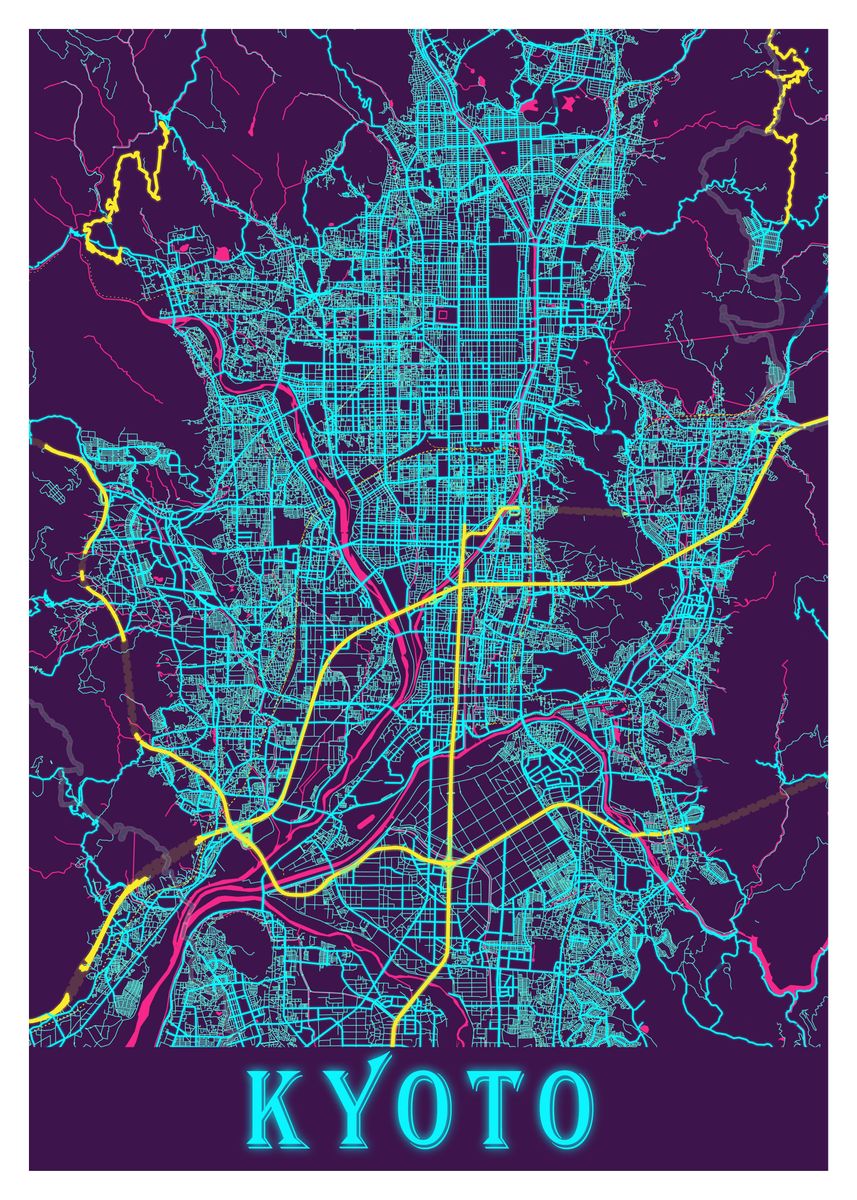 'Kyoto Neon City Map' Poster, picture, metal print, paint by Tien ...