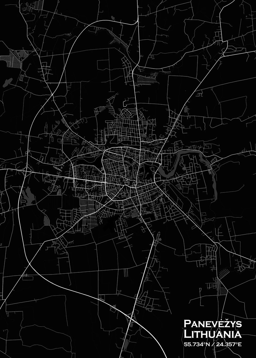 'Panevezys Black Map' Poster, picture, metal print, paint by Wall Art ...