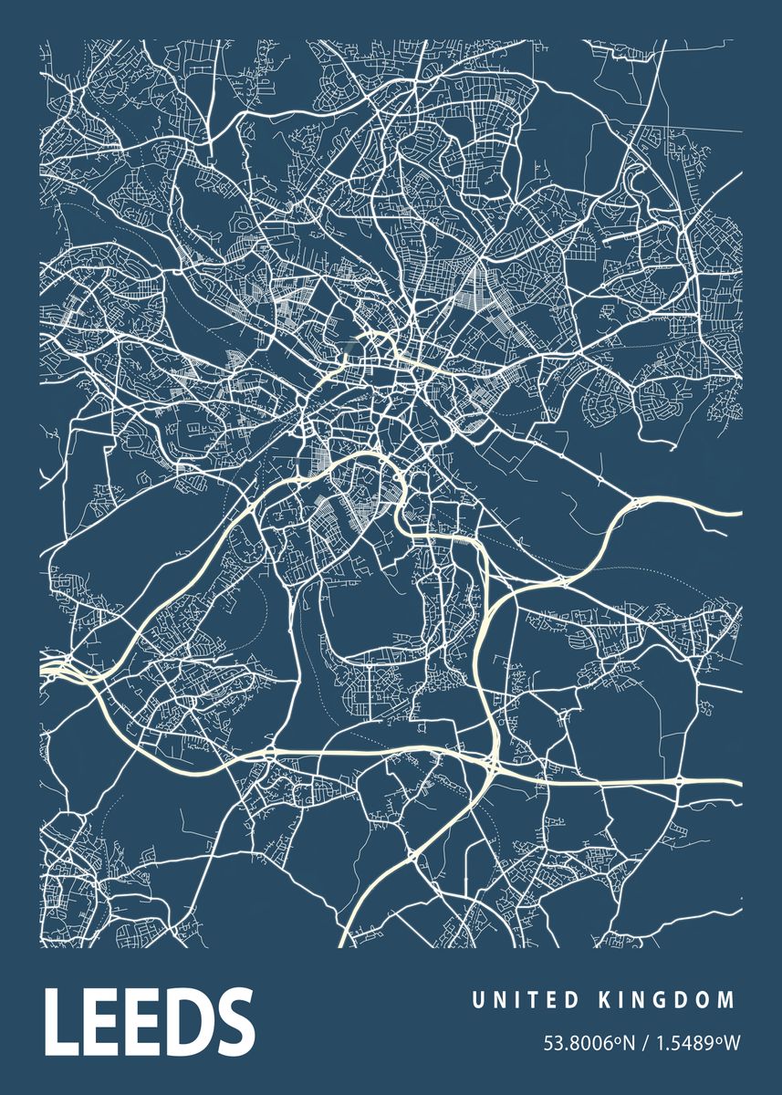 'Leeds Blueprint Street Map' Poster, picture, metal print, paint by ...