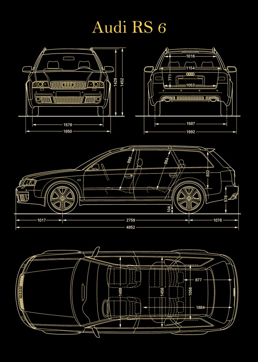 'Audi RS 6 2002 Blueprint ' Poster by B & W Arts | Displate