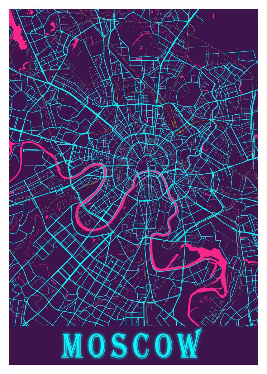 'Moscow Neon City Map' Poster, picture, metal print, paint by Tien ...