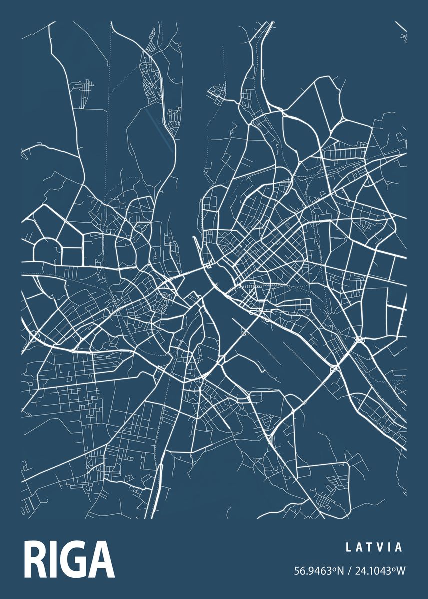 'Riga Blueprint Street Map' Poster, picture, metal print, paint by Tien ...