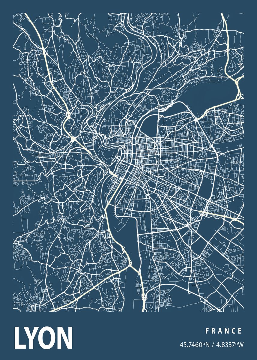 'Lyon Blueprint Street Map' Poster by Tien Stencil | Displate