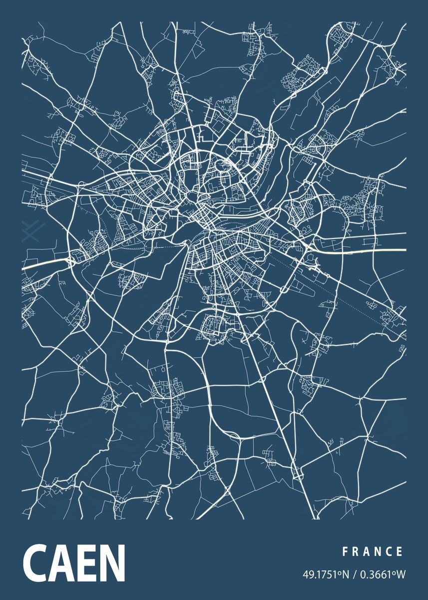 'Caen Blueprint Street Map' Poster, picture, metal print, paint by Tien ...