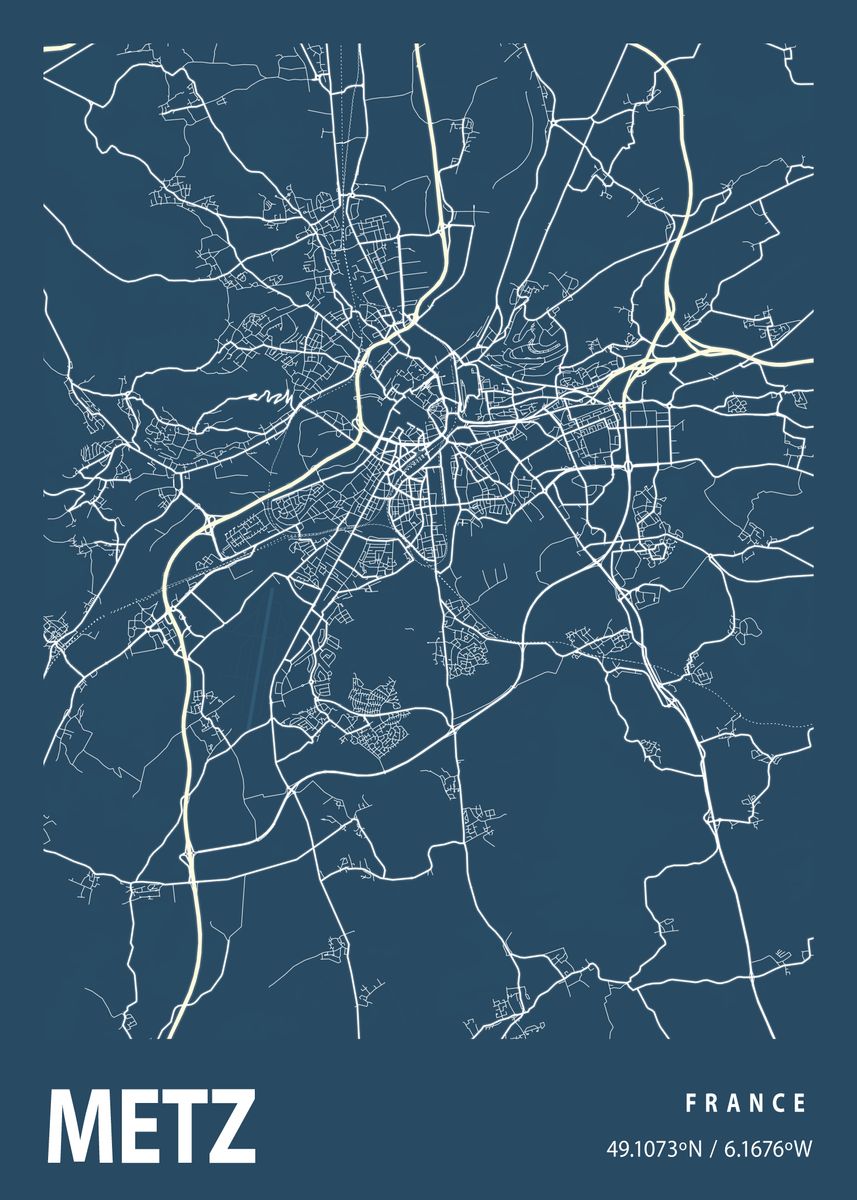 'Metz Blueprint Street Map' Poster, picture, metal print, paint by Tien ...