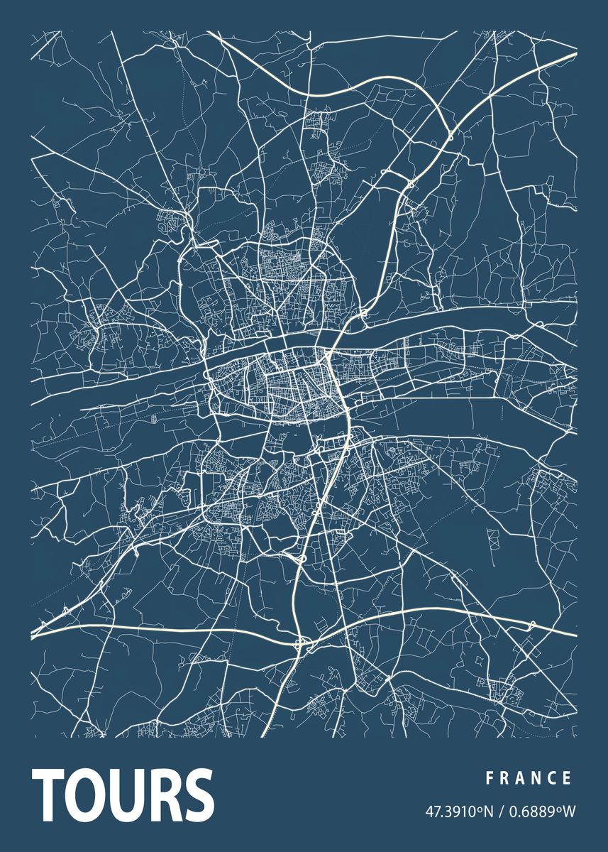 'Tours Blueprint Street Map' Poster, picture, metal print, paint by ...