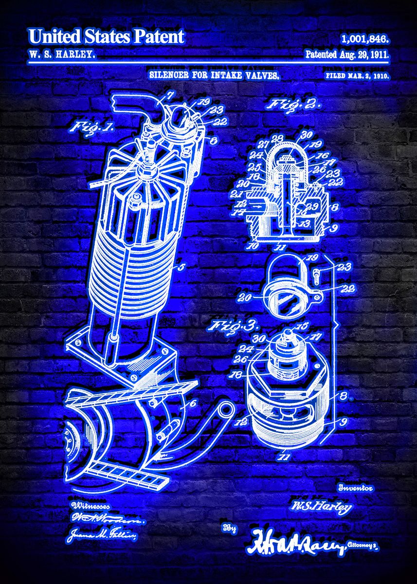 '1911 intake valves neon' Poster, picture, metal print, paint by ...