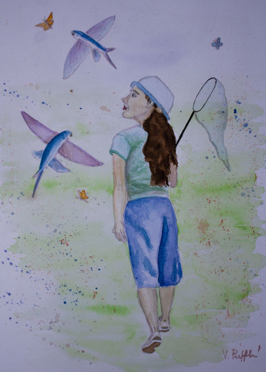 'Catching flying fish' Poster, picture, metal print, paint by Vladimira ...