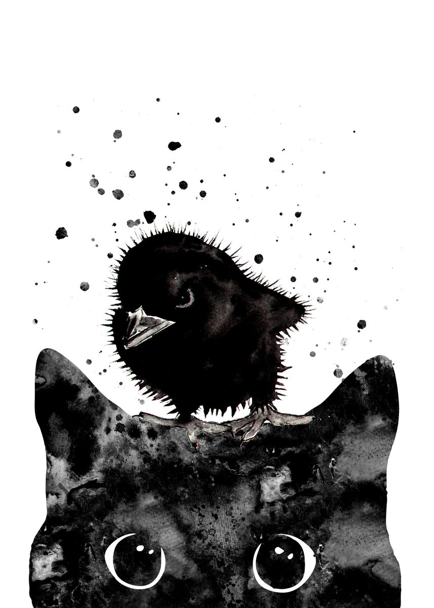 'Peeking cat and baby raven' Poster, picture, metal print, paint by ...