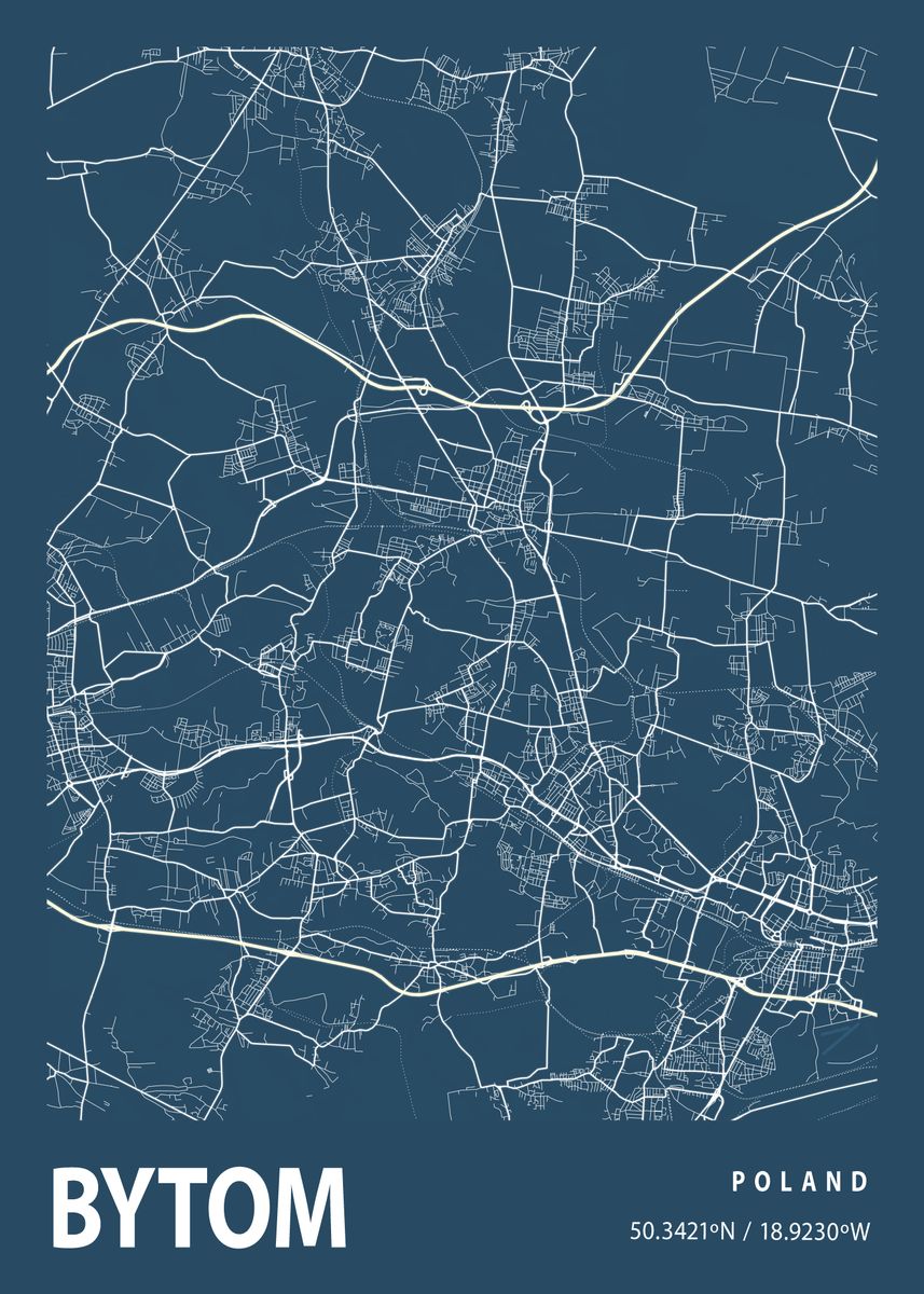 'Bytom Blueprint Street Map' Poster, picture, metal print, paint by ...