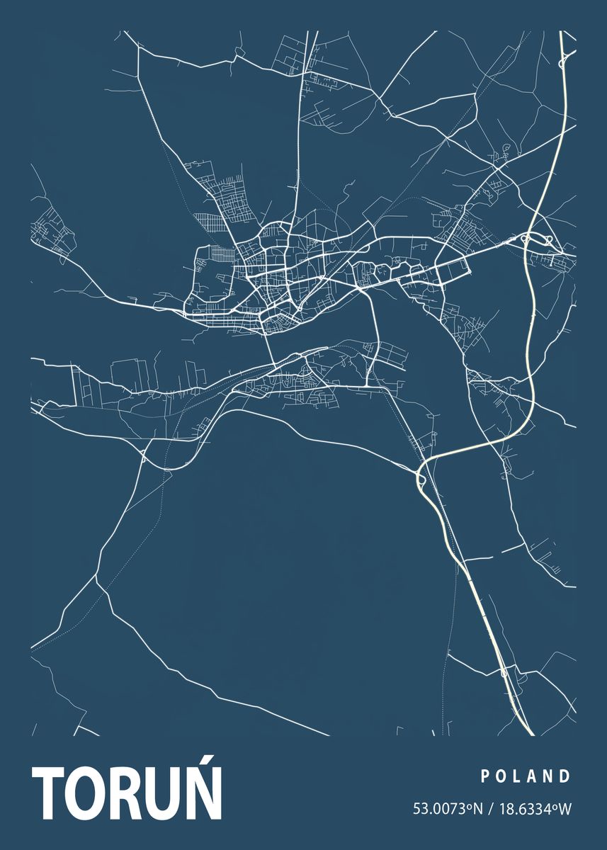 'Torun Blueprint Street Map' Poster, picture, metal print, paint by ...