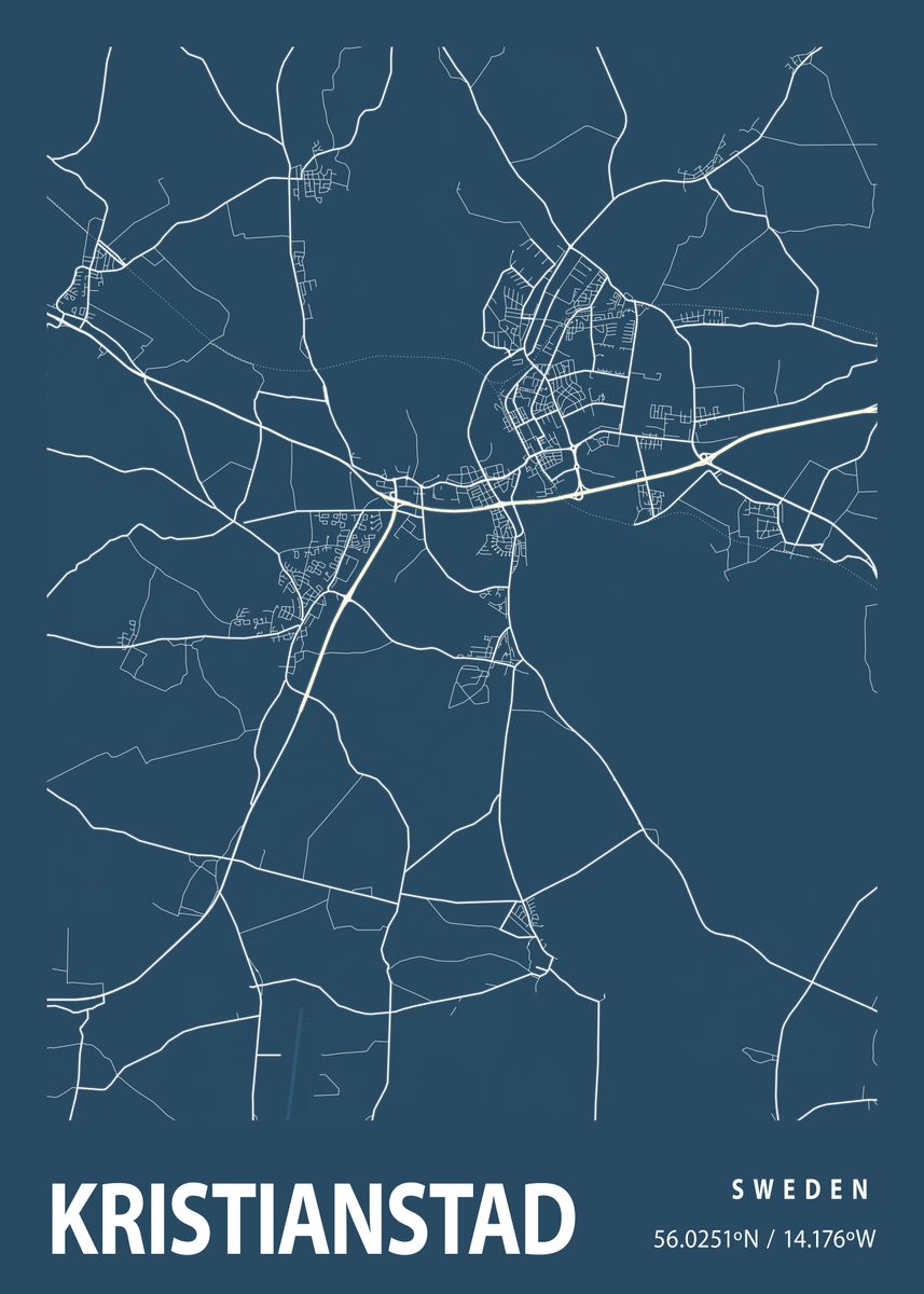 'Kristianstad Blueprint Map' Poster, picture, metal print, paint by ...
