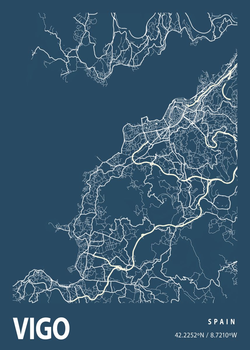 'Vigo Blueprint Street Map' Poster, picture, metal print, paint by Tien ...