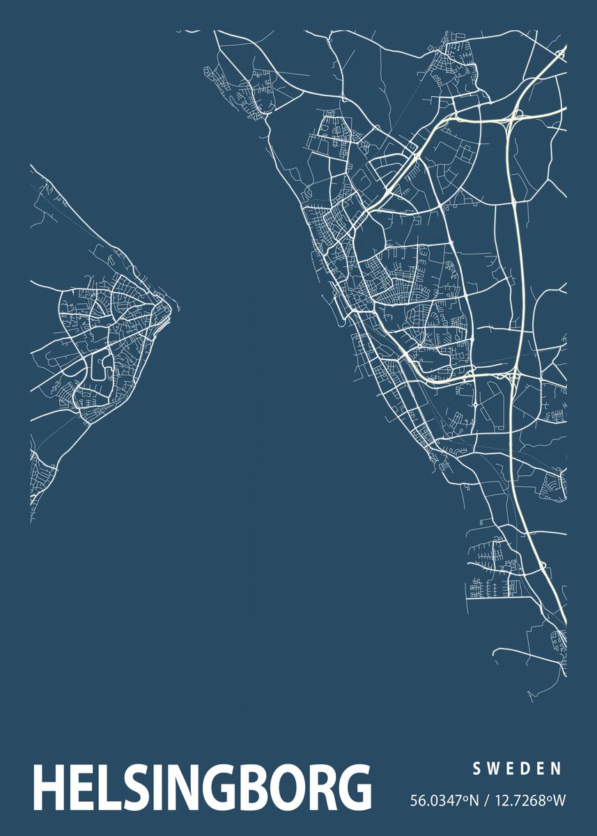 'Helsingborg Blueprint Map' Poster, picture, metal print, paint by Tien ...